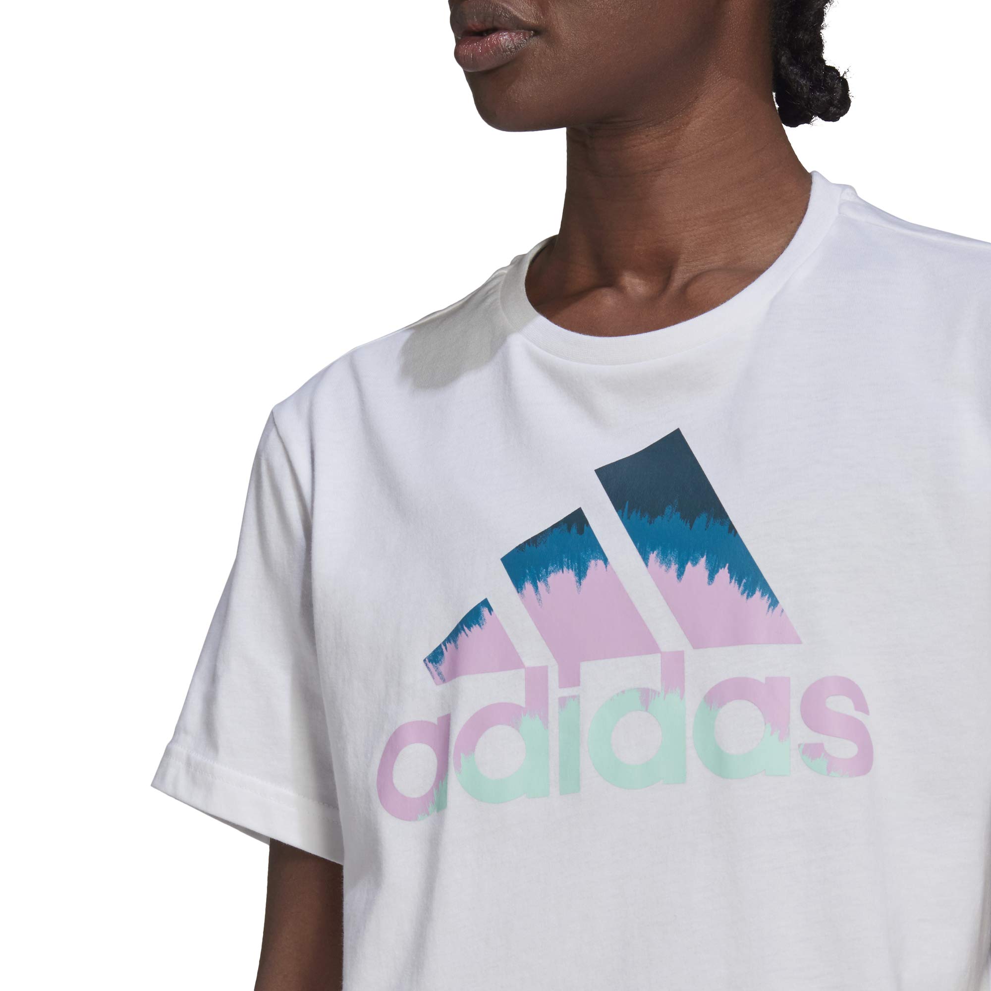 adidas Womens Farm Tie-Dye Inspo Cropped Graphic T-Shirt White/Wild Teal Small