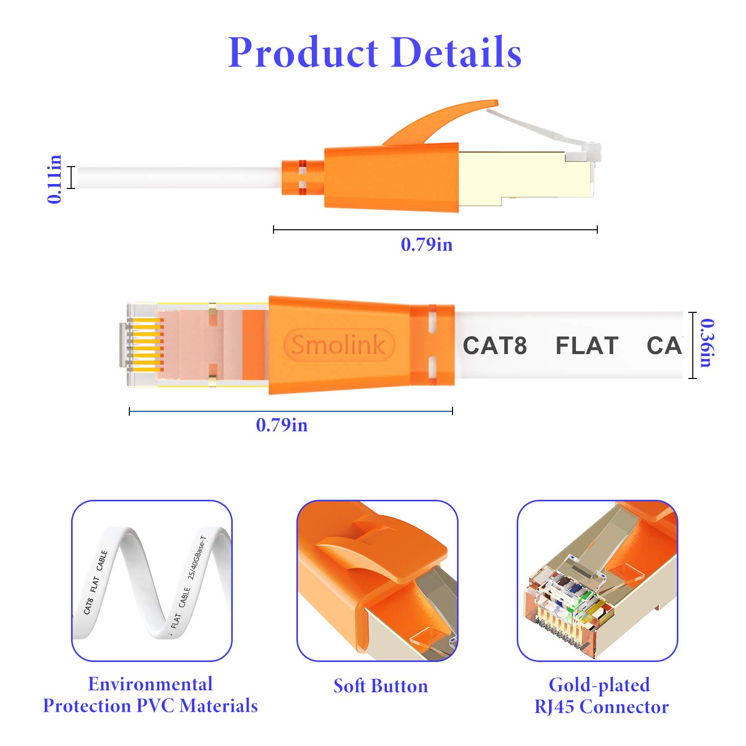 Smolink Ethernet Cable 20 FT, Cat 8 Ethernet Cable 2000Mhz 40Gbps, Internet Cable Professional Flat LAN Cable SFTP Patch Cord with Gold Plated RJ45 Connector for Router Modem, White