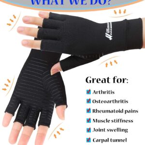 2 Pairs Copper Arthritis Gloves - Compression Gloves for Arthritis Pain Relief Rheumatoid Osteoarthritis Carpal Tunnel, Fingerless Copper Gloves for Typing, Daily Work - for Women Men Black (Large)