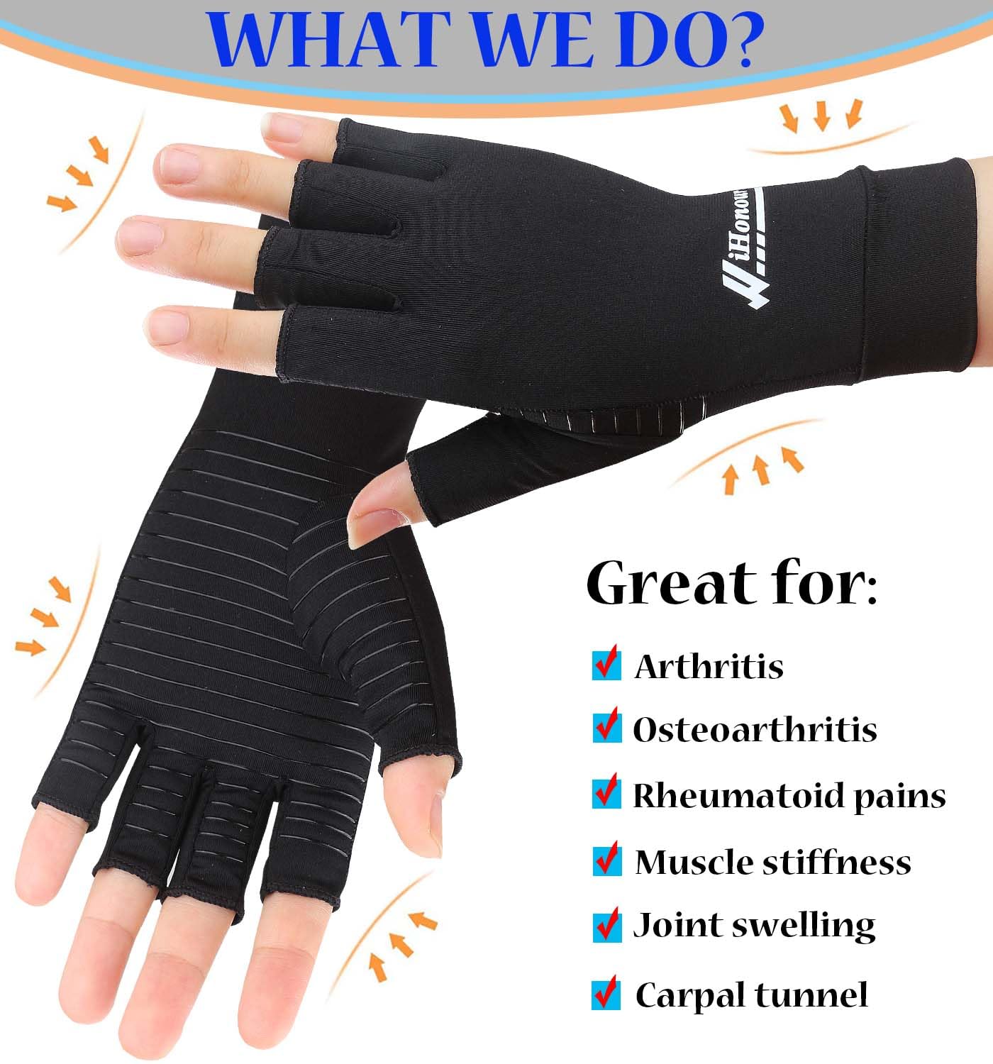 2 Pairs Copper Arthritis Gloves - Compression Gloves for Arthritis Pain Relief Rheumatoid Osteoarthritis Carpal Tunnel, Fingerless Copper Gloves for Typing, Daily Work - for Women Men Black (Large)