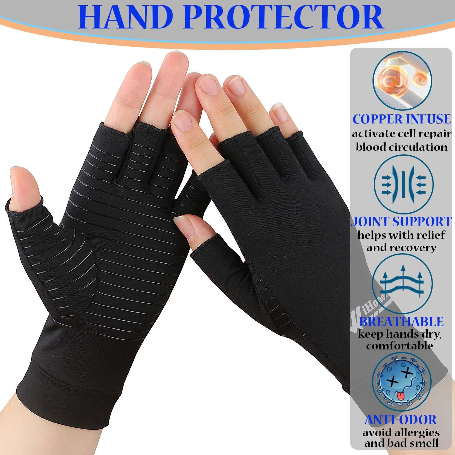 2 Pairs Copper Arthritis Gloves - Compression Gloves for Arthritis Pain Relief Rheumatoid Osteoarthritis Carpal Tunnel, Fingerless Copper Gloves for Typing, Daily Work - for Women Men Black (Large)