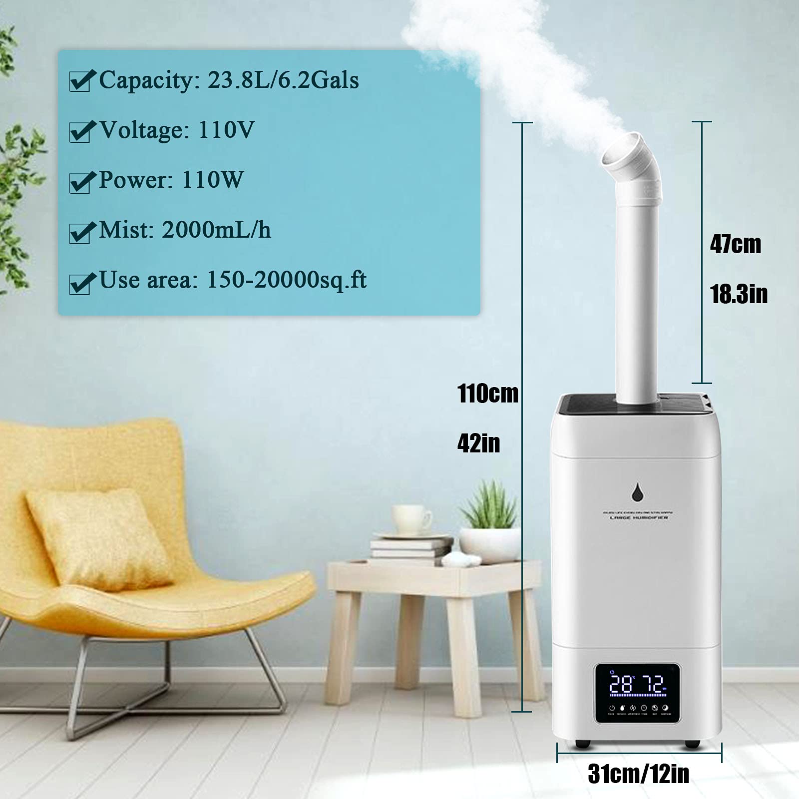 JIAWANSHUN Commercial Humidifier Industrial Humidifier 85 Pints Per Day 24L Water Tank 1600-2100sq.ft for Green House Grow Room Office Home (110V, Upgraded Version)