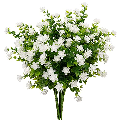 IJIANG 6Pcs Artificial Flowers Outdoor Fake Flowers for Decoration UV Resistant Faux Plastic Greenery Shrubs Plants Home Garden Porch Window Box Decor (White)