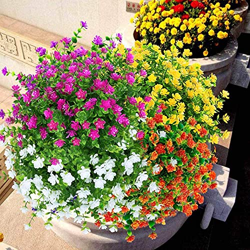 IJIANG 6Pcs Artificial Flowers Outdoor Fake Flowers for Decoration UV Resistant Faux Plastic Greenery Shrubs Plants Home Garden Porch Window Box Decor (White)