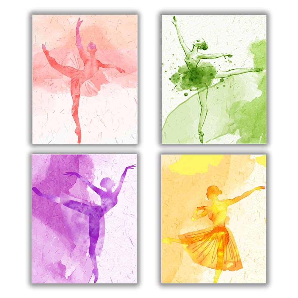 4 Set - Ballet Art Painting Elegant Dancing Canvas Art Pictures - Ballerina Print Ballet Dancer Collection Poster - Fashion Women or Girl Bedroom Dance room Home Decor Gift - No Frame,8"x10"