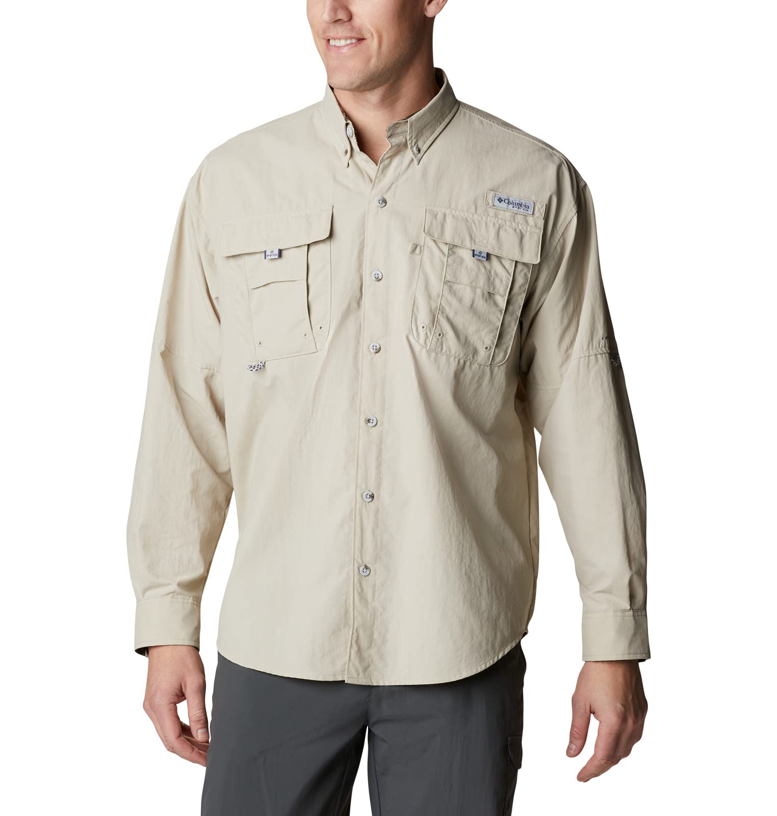 Columbia Men's PFG Bahama II Long Sleeve Shirt, Breathable, UV Protection, Fossil/Realtree Edge, Large