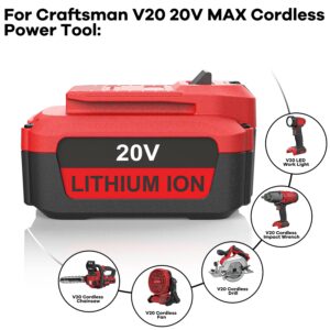 Powilling CMCB205 6.0Ah 20V Battery Packs Replacement for Craftsman V20 MAX Lithium Ion Battery CMCB204 CMCB202 CMCB201 Fast Charger CMCB104 Cordless Power Tool(Only for Craftsman 20V Max V20 Series)