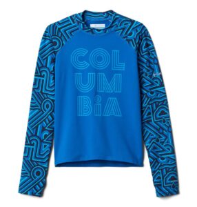 columbia toddler unisex sandy shores printed long sleeve sunguard, bright indigo geo elements/bright indigo, 4t