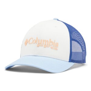 Columbia PFG Logo Ball Cap, Breathable, Adjustable, White/Vivid Blue/Sail/PFG, One Size