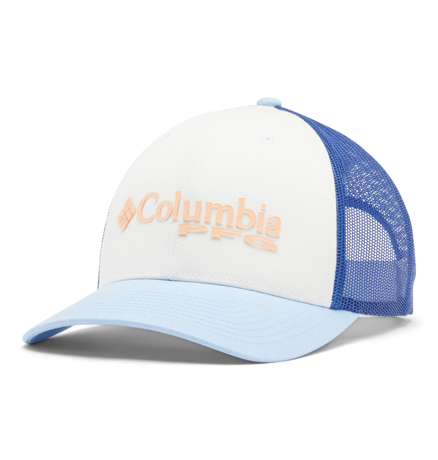 Columbia PFG Logo Ball Cap, Breathable, Adjustable, White/Vivid Blue/Sail/PFG, One Size