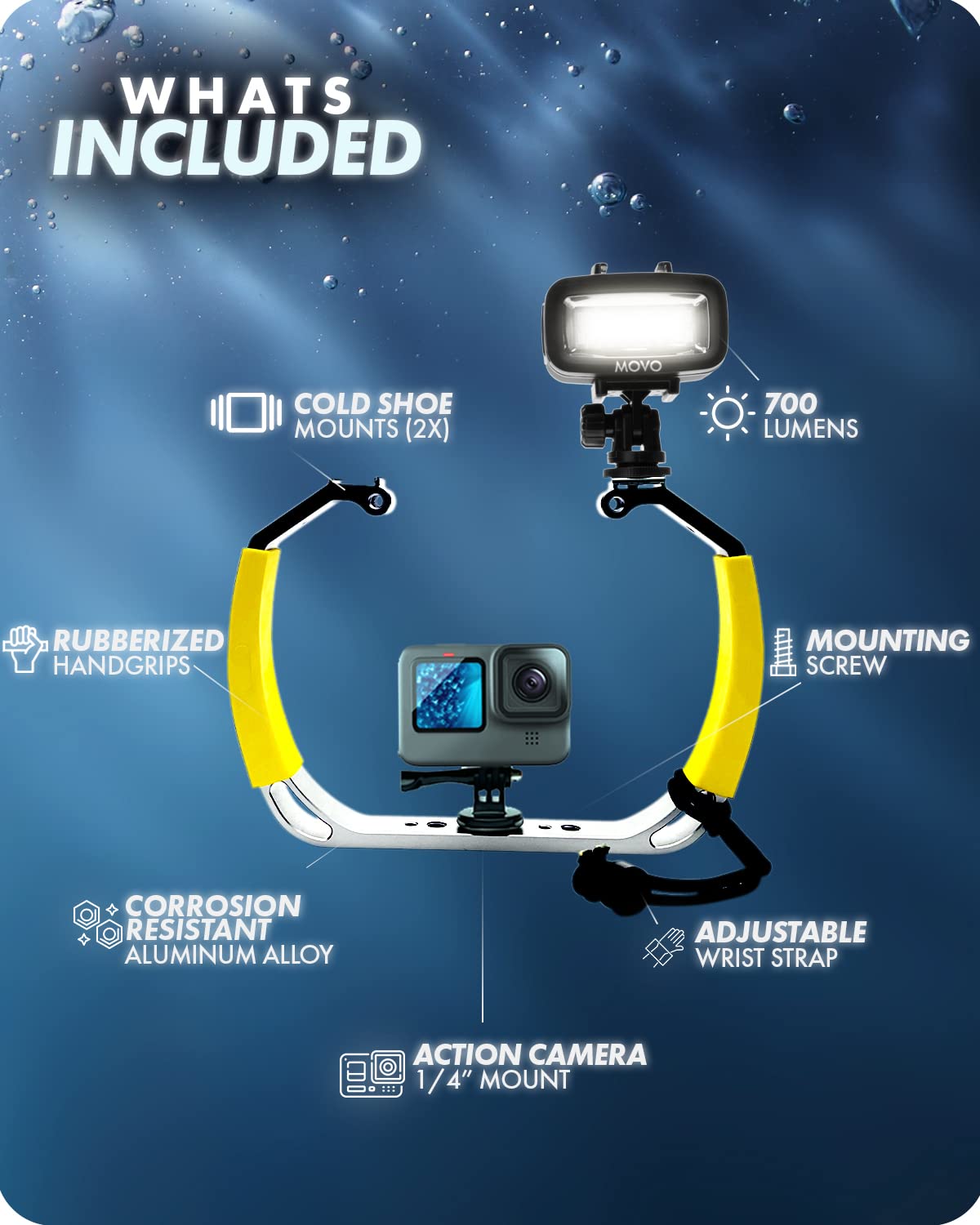 Movo DiveRig2 XL Diving Rig Bundle with Waterproof LED Light - Compatible with GoPro HERO, HERO5, HERO6, HERO7, HERO8, HERO9, HERO10 and Waterproof Action Cam - Scuba Accessories for Underwater Camera