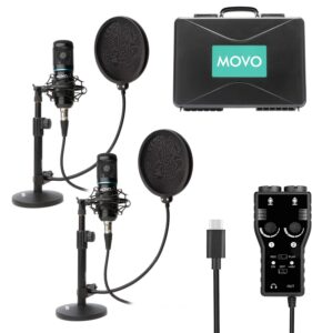 movo smartphone podcast recording bundle kit - 2 pack condenser microphones, 2 desktop mic stands, 2 pop filters, 2-channel xlr interface w/usb type-c output - compatible with android, samsung galaxy