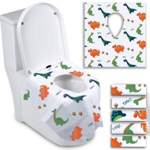 athena futures disposable toilet seat covers for toddlers, extra large individually wrapped dinosaur paper potty training liners for kids, portable, flushable with non-slip adhesive, airplane & travel