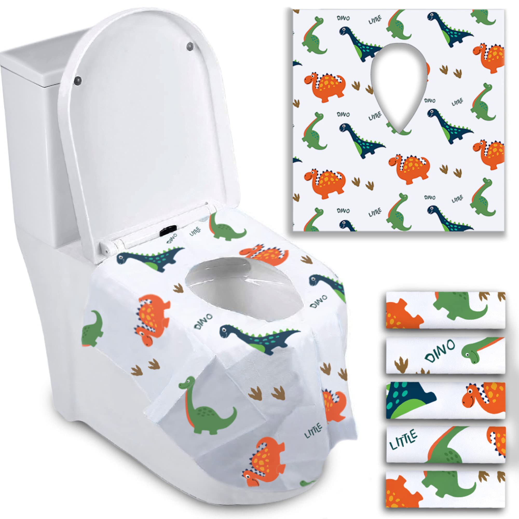 ATHENA FUTURES Disposable Toilet Seat Covers for Toddlers, Extra Large Individually Wrapped Dinosaur Paper Potty Training Liners for Kids, Portable, Flushable with Non-Slip Adhesive, Airplane & Travel