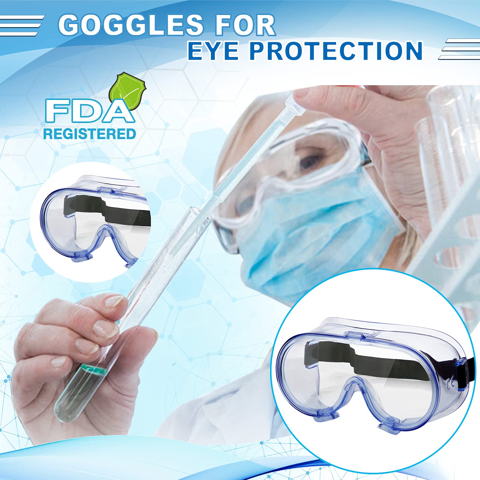 VAKKER Safety Goggles FDA Registered, Z87.1 Safety Glasses Eye Protection-Medical Goggles Fit Over Eyeglasses-Unisex Ultra Clear Protective Glasses Protective Eyewear-Lab Goggles Medical Protection