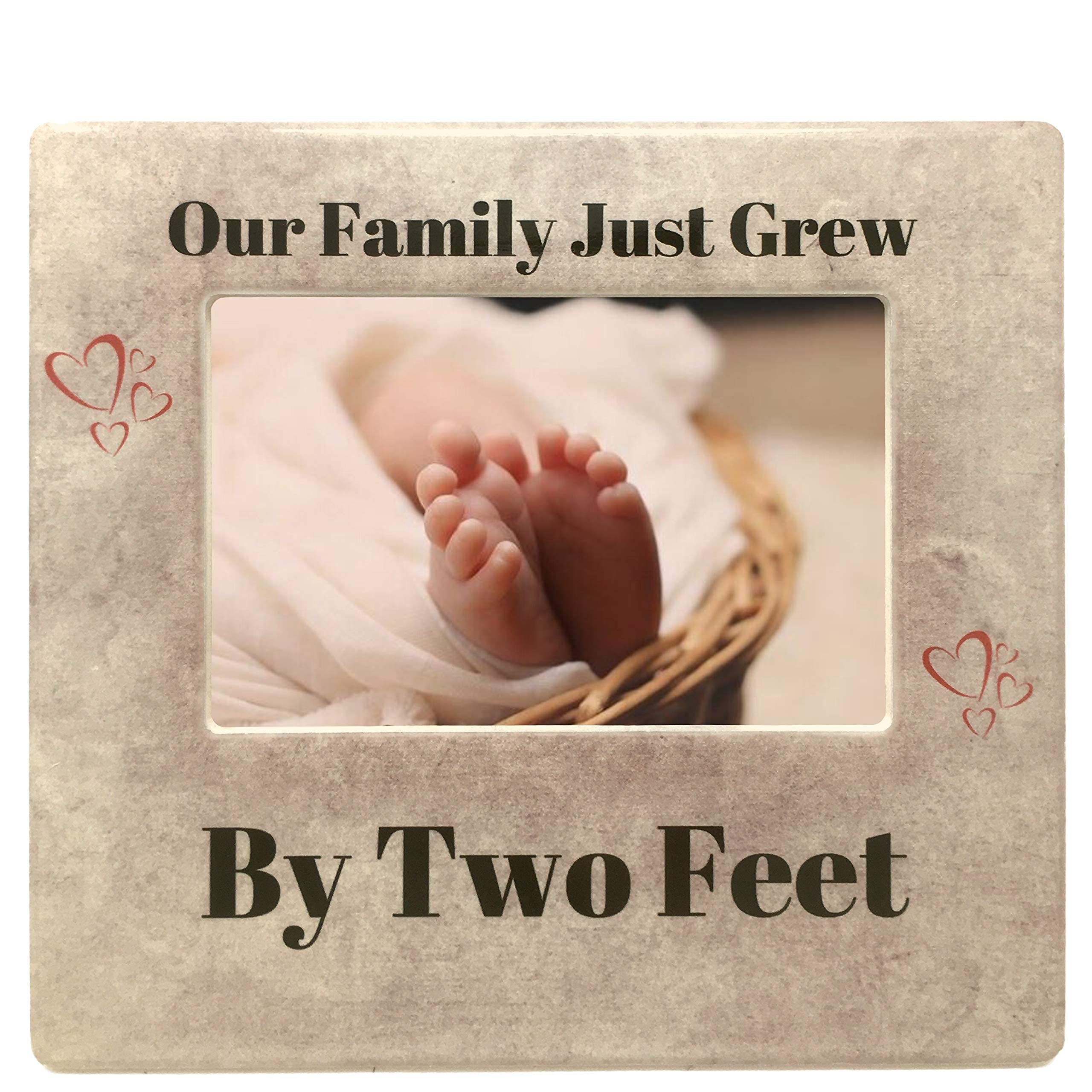 BANBERRY DESIGNS New Baby Frame Our Family Just Grew By Two Feet Heart Design with Tan Marble Like Background - Nursery Décor 4" X 6" Picture Opening