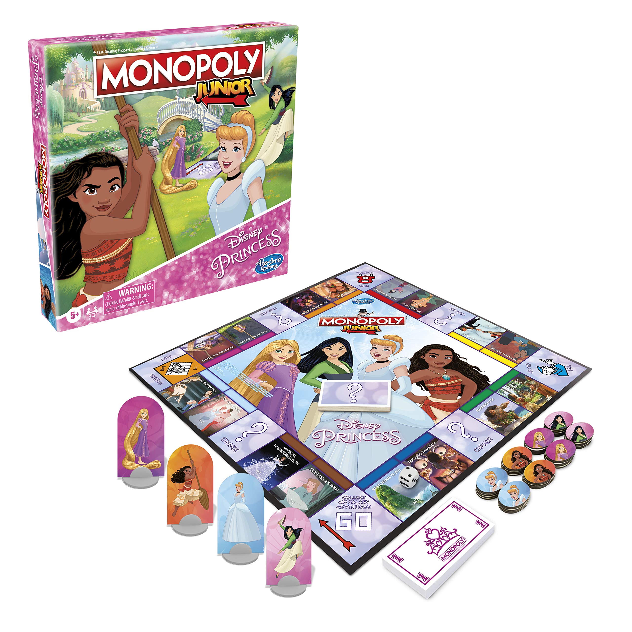 Monopoly Hasbro Gaming Junior: Disney Princess Edition Board Game for Kids Ages 5 and Up, Play as Moana, Rapunzel, Mulan, or Cinderella (Amazon Exclusive)