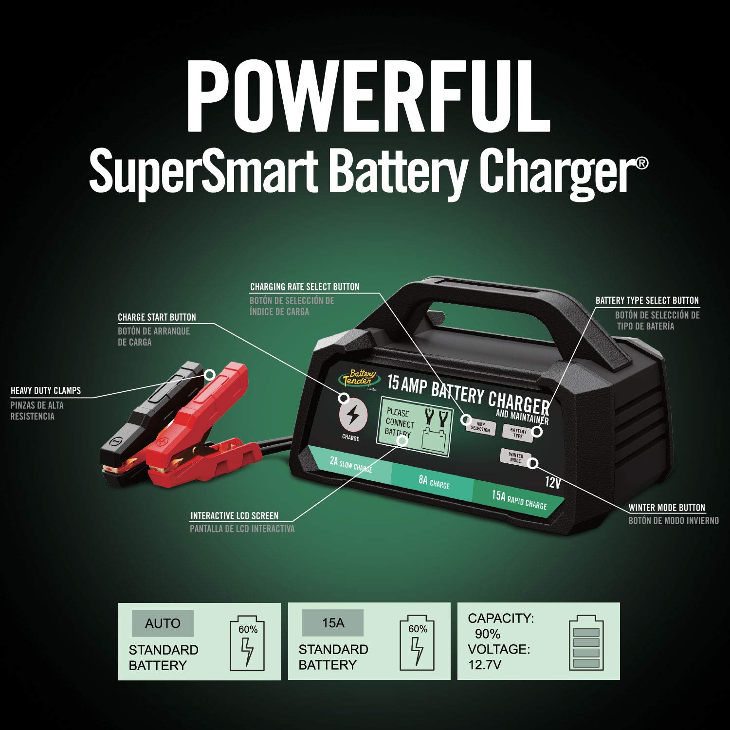 Battery Tender 15 AMP Battery Charger and Maintainer - 12V Switchable 15 AMP / 8 AMP / 2 AMP - Selectable Chemistry Standard AGM Gel - LCD Display - 022-0234-DL-WH