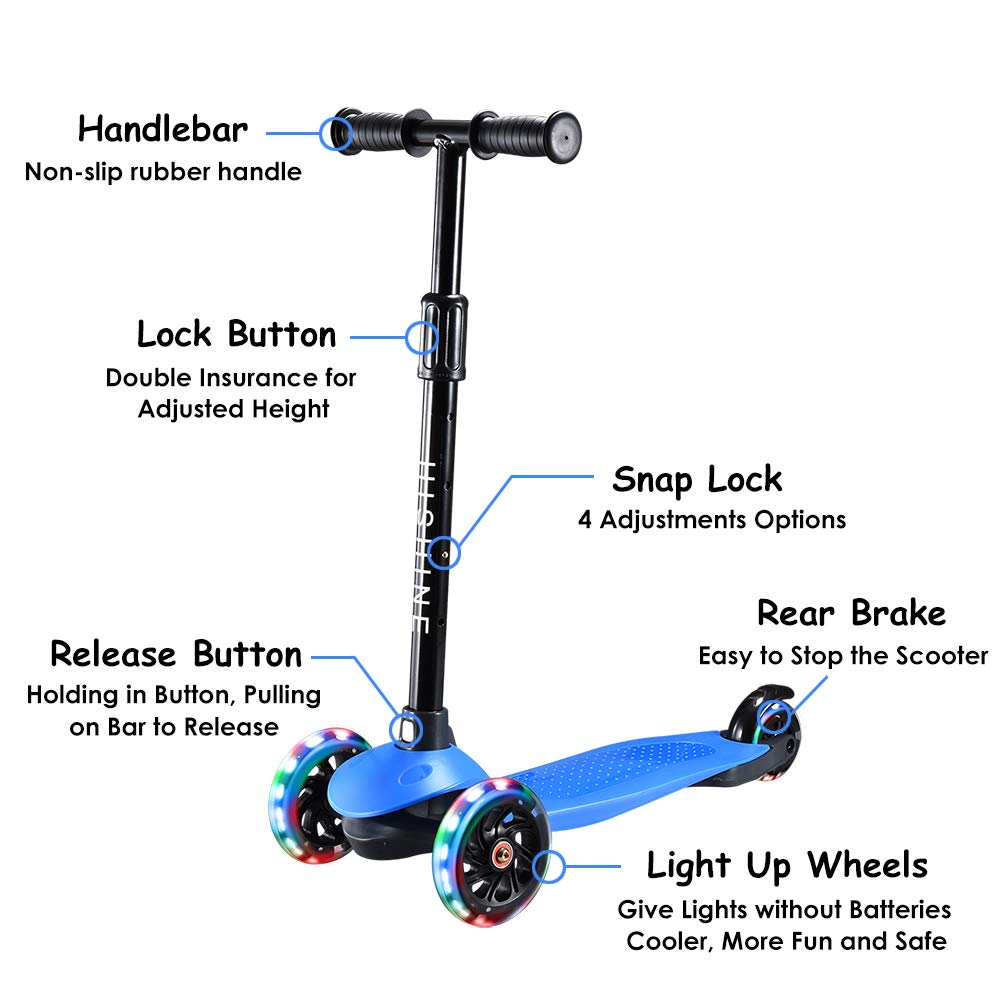 Kids Kick Scooters for Toddlers Boys Girls Ages 2-5 Years Old, Adjustable Height, Extra Wide Deck, Light Up Wheels, Easy to Learn, 3 Wheels Scooters, Blue