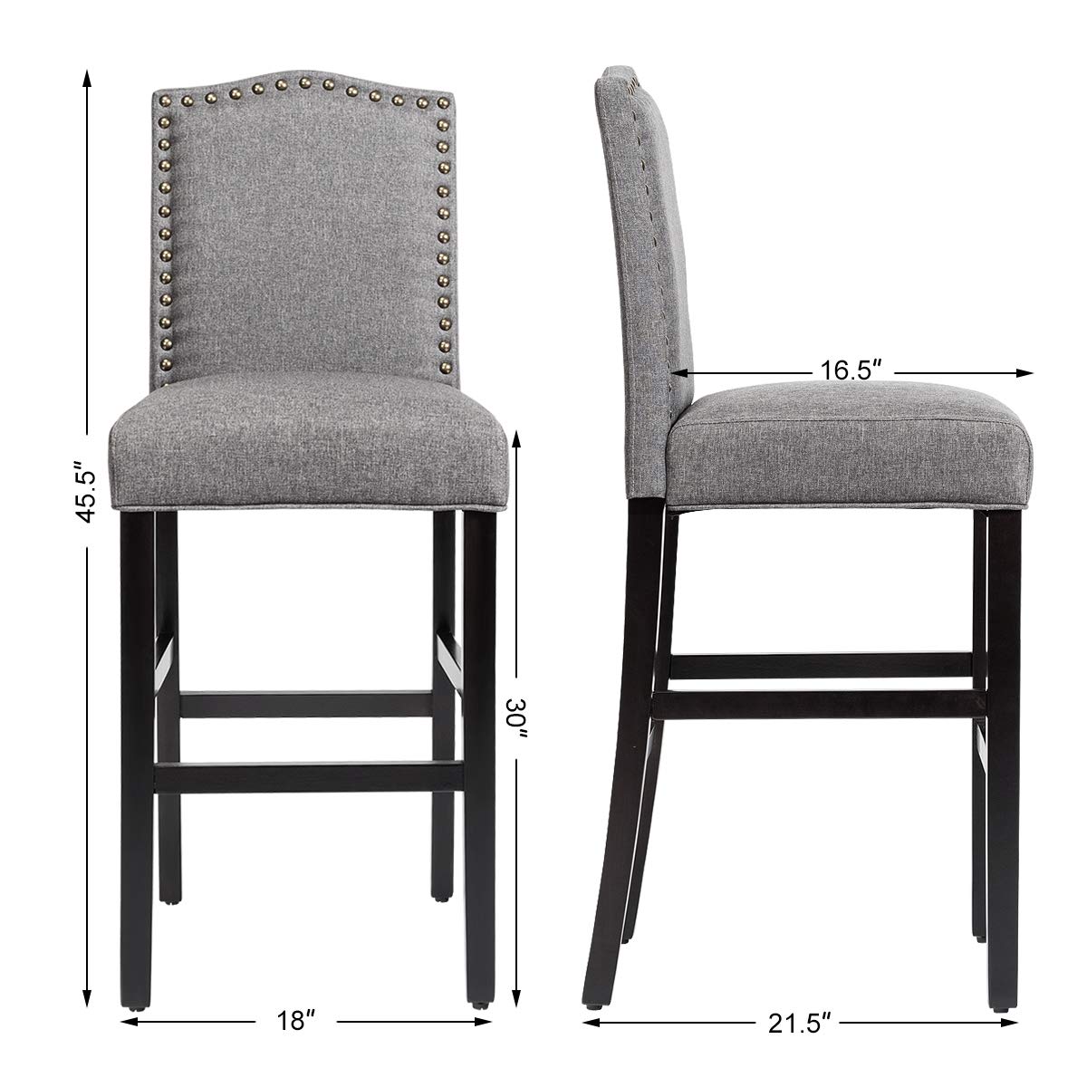 COSTWAY Bar Stools Set of 2, Counter Height Dining Side Barstools, w/Thick Cushion, Linen Surface, Nailhead Trim, Rubber Wood Legs, High Leisure Chairs for Living Room, Kitchen, Dining Room, Gray