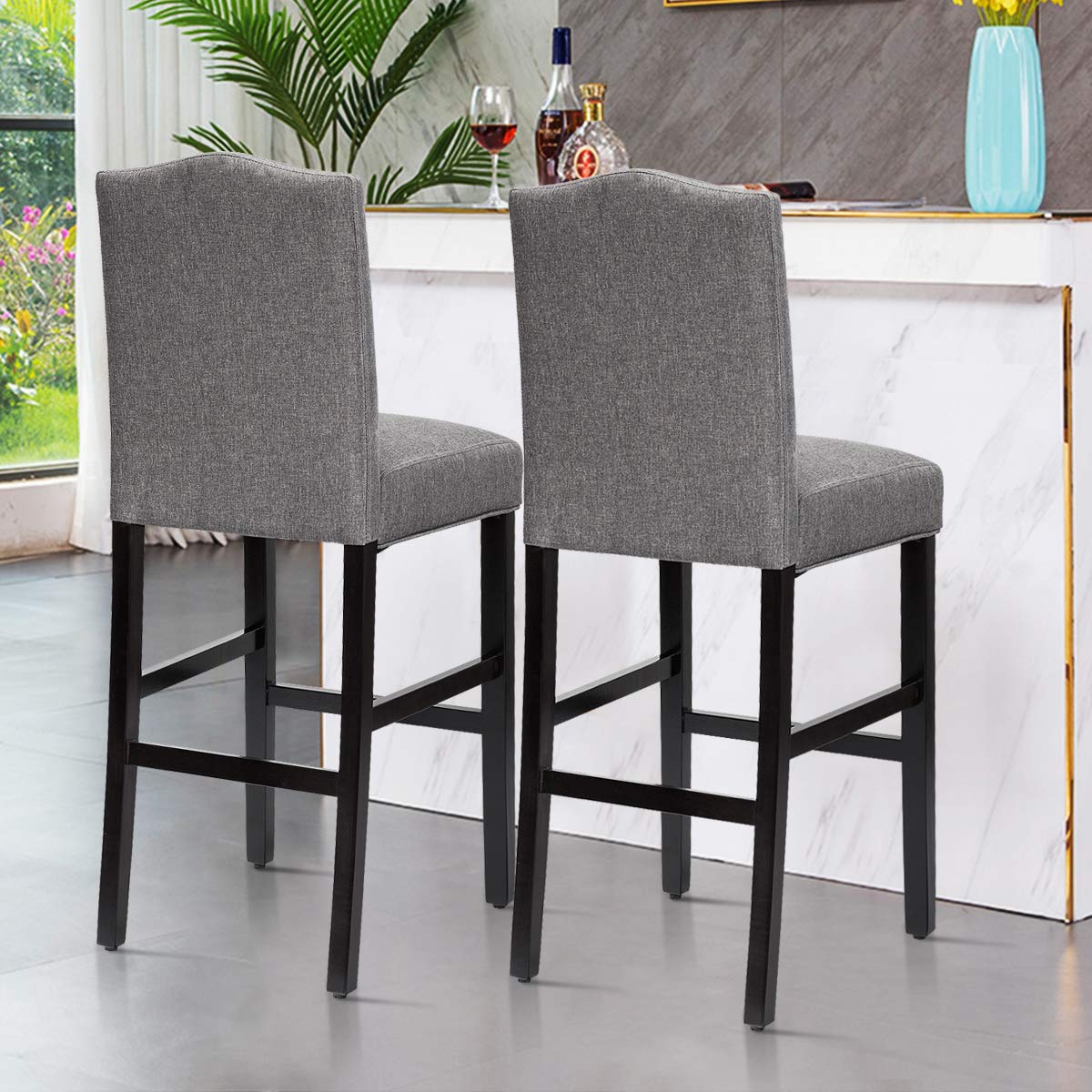 COSTWAY Bar Stools Set of 2, Counter Height Dining Side Barstools, w/Thick Cushion, Linen Surface, Nailhead Trim, Rubber Wood Legs, High Leisure Chairs for Living Room, Kitchen, Dining Room, Gray