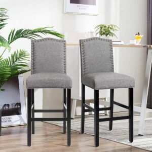 COSTWAY Bar Stools Set of 2, Counter Height Dining Side Barstools, w/Thick Cushion, Linen Surface, Nailhead Trim, Rubber Wood Legs, High Leisure Chairs for Living Room, Kitchen, Dining Room, Gray