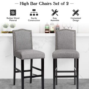 COSTWAY Bar Stools Set of 2, Counter Height Dining Side Barstools, w/Thick Cushion, Linen Surface, Nailhead Trim, Rubber Wood Legs, High Leisure Chairs for Living Room, Kitchen, Dining Room, Gray