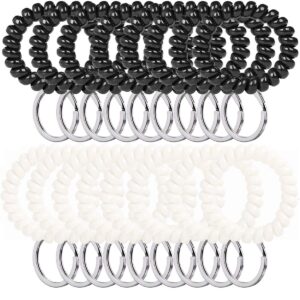 100pcs wrist keychain bracelet spiral wrist coil key chain bulk plastic stretchable spiral keychain bracelet black & white spring wrist keychain use for office workshop shopping mall sauna and more