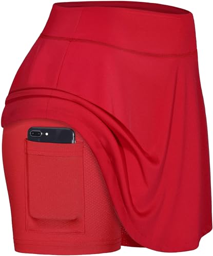 BLEVONH Skorts Skirts for Women Drawstring Waist Pleated Skirt Ladies Loose Fit Tennis Skort with Liner Womens Shorts for Summer Red L