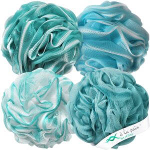 loofah bath sponge xl 75g set of 4 ocean colors by À la paix - soft exfoliating shower lufa for silky skin - long-handle mesh body poufs- women and men’s luffas - loufa sponges- full cleanse & lather