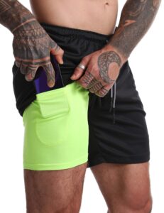 flyfirefly men's 2-in-1 workout running shorts 7" lightweight gym yoga training sport short pants black green