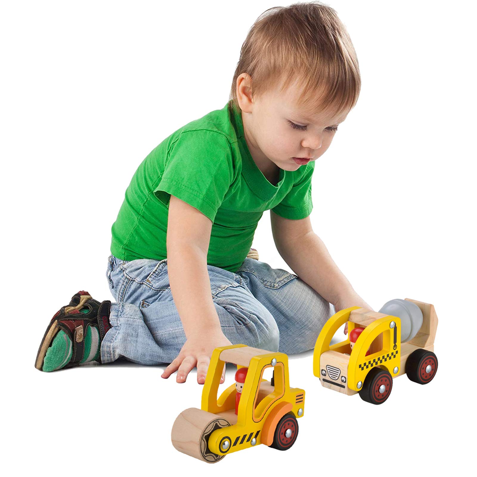 Wooden Push Car Toys for Infants 12-18 Months, 2 Pcs Baby Vehicle Toys Hand Push Car Toys for 1 2 Year Old Boys Girls (Cement Truck + Road Roller car)