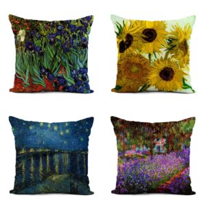 rurpali set of 4 linen throw pillow cover 18x18 inch colorful backyard van gogh irises vintage garden sunflowers home decor pillowcase square cushion cover for sofa bed couch