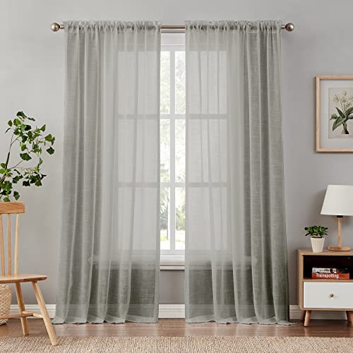 Melodieux Grey Sheer Curtains 84 Inches Long for Bedroom Living Room, Light Filtering Cotton Texture Rod Pocket Voile Drapes, 52 by 84 Inch, 2 Panels