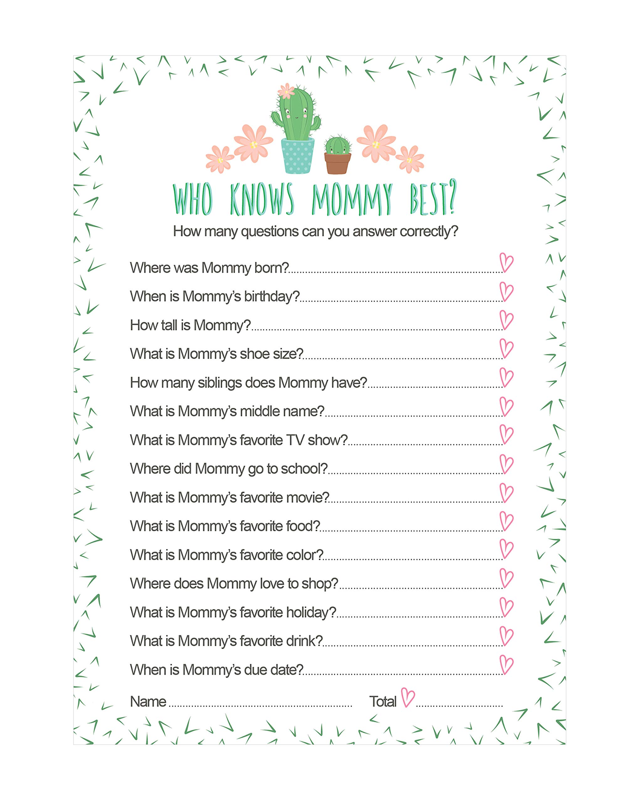 Cactus Who Knows Mommy Best Baby Shower Game - 24 count