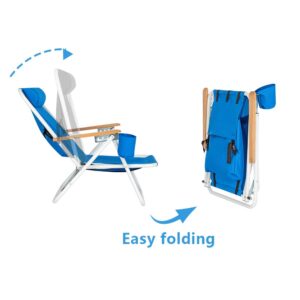 MTFY Folding Backpack Beach Chair,Reclining Portable Beach Chair Camping Chair with Adjustable Headrest and Cup Holder,Lightweight Beach Lounge Chair for Outdoor Camping Lawn Concert (Blue)