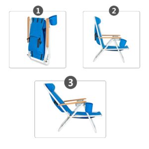 MTFY Folding Backpack Beach Chair,Reclining Portable Beach Chair Camping Chair with Adjustable Headrest and Cup Holder,Lightweight Beach Lounge Chair for Outdoor Camping Lawn Concert (Blue)