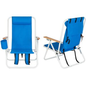 MTFY Folding Backpack Beach Chair,Reclining Portable Beach Chair Camping Chair with Adjustable Headrest and Cup Holder,Lightweight Beach Lounge Chair for Outdoor Camping Lawn Concert (Blue)