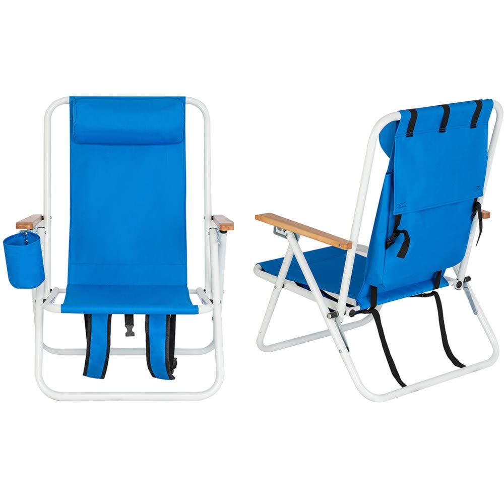 MTFY Folding Backpack Beach Chair,Reclining Portable Beach Chair Camping Chair with Adjustable Headrest and Cup Holder,Lightweight Beach Lounge Chair for Outdoor Camping Lawn Concert (Blue)