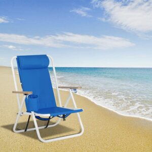 MTFY Folding Backpack Beach Chair,Reclining Portable Beach Chair Camping Chair with Adjustable Headrest and Cup Holder,Lightweight Beach Lounge Chair for Outdoor Camping Lawn Concert (Blue)