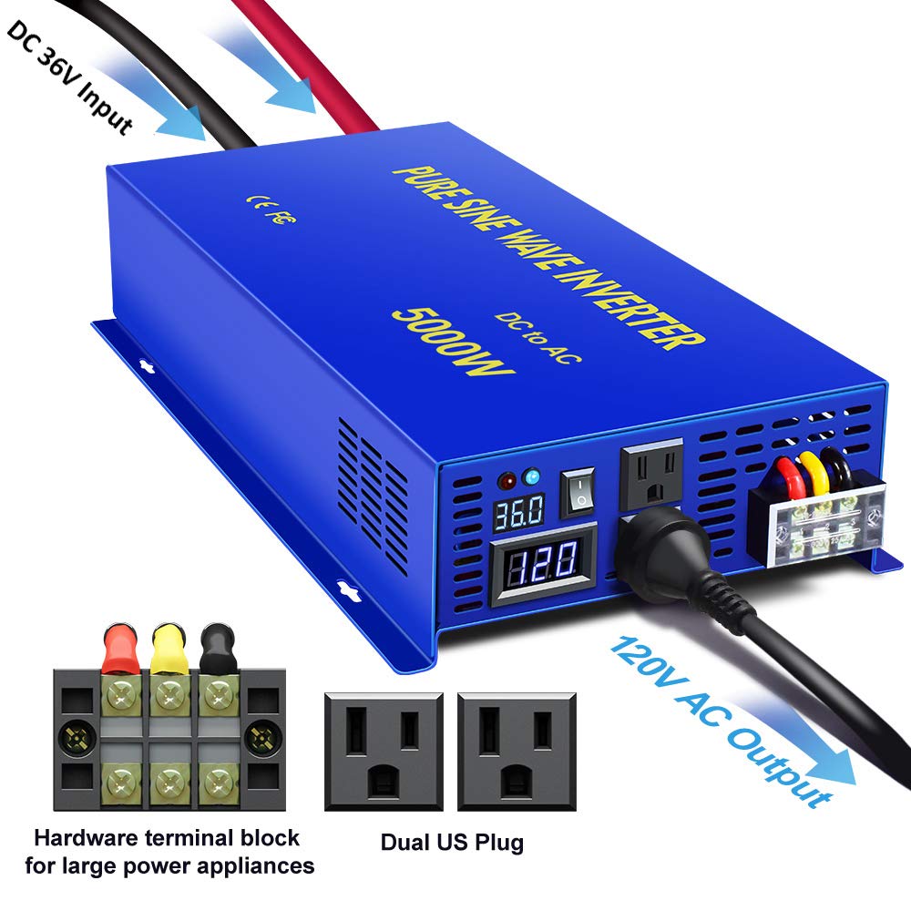 XYZ INVT 5000 Watt Pure Sine Wave Inverter 36V DC to AC 120V, 5000W Power Invert Surge 10000W Power Converter for Solar System. (5000W 36V)