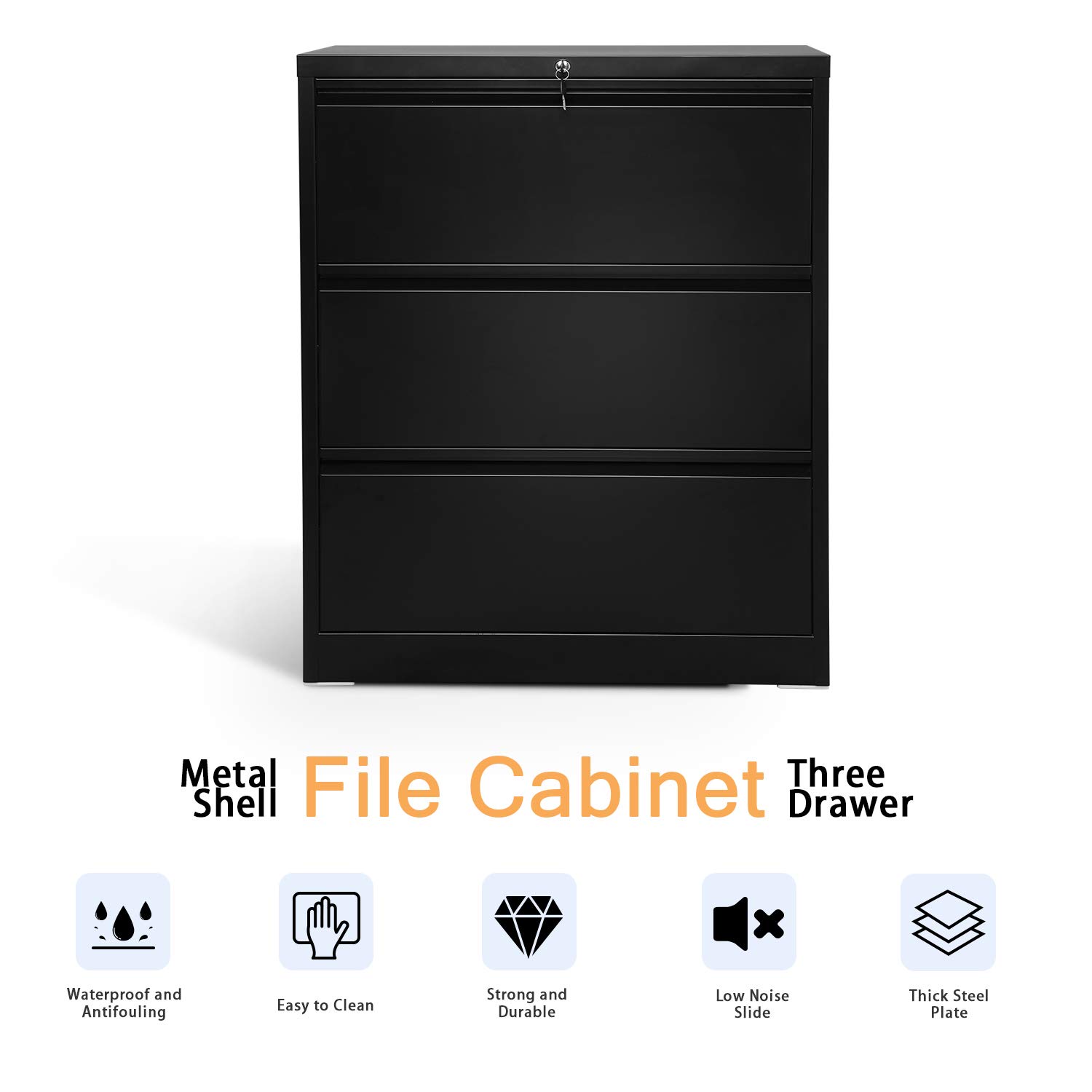 AOBABO 3 Drawer Lateral Steel File Organizing Cabinet with Locking System and Adjustbale Hanging Bars for Letter/Legal Size Paper, Black