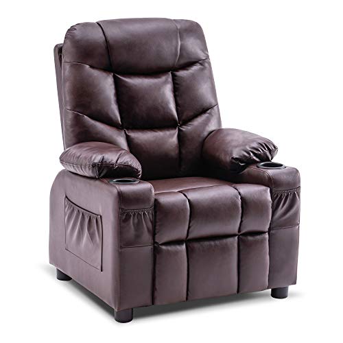 MCombo Big Kids Recliner Chair with Cup Holders for Boys and Girls Room, 2 Side Pockets, 3+ Age Group, Faux Leather 7366 (Dark Brown)