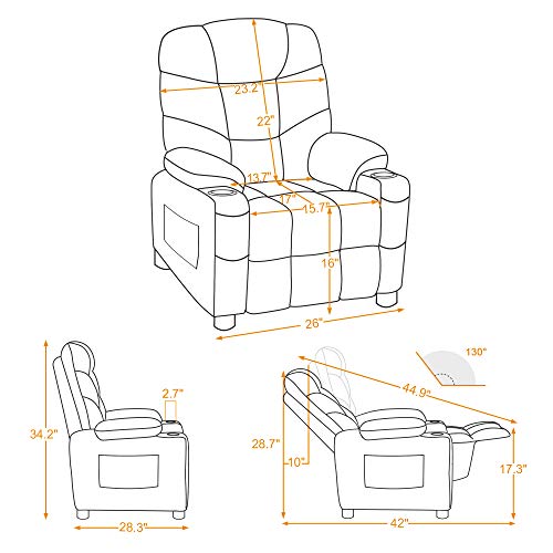 MCombo Big Kids Recliner Chair with Cup Holders for Boys and Girls Room, 2 Side Pockets, 3+ Age Group, Faux Leather 7366 (Dark Brown)