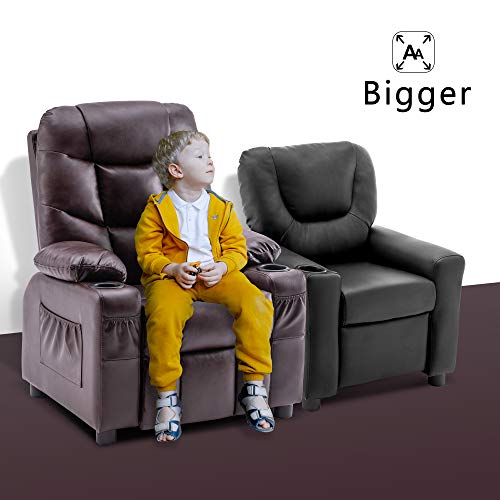 MCombo Big Kids Recliner Chair with Cup Holders for Boys and Girls Room, 2 Side Pockets, 3+ Age Group, Faux Leather 7366 (Dark Brown)