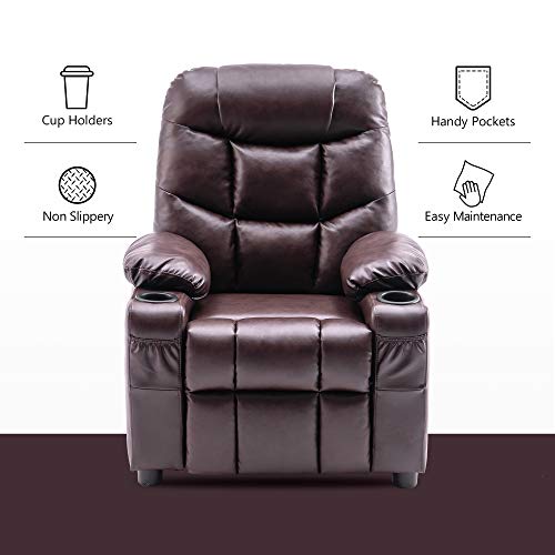 MCombo Big Kids Recliner Chair with Cup Holders for Boys and Girls Room, 2 Side Pockets, 3+ Age Group, Faux Leather 7366 (Dark Brown)