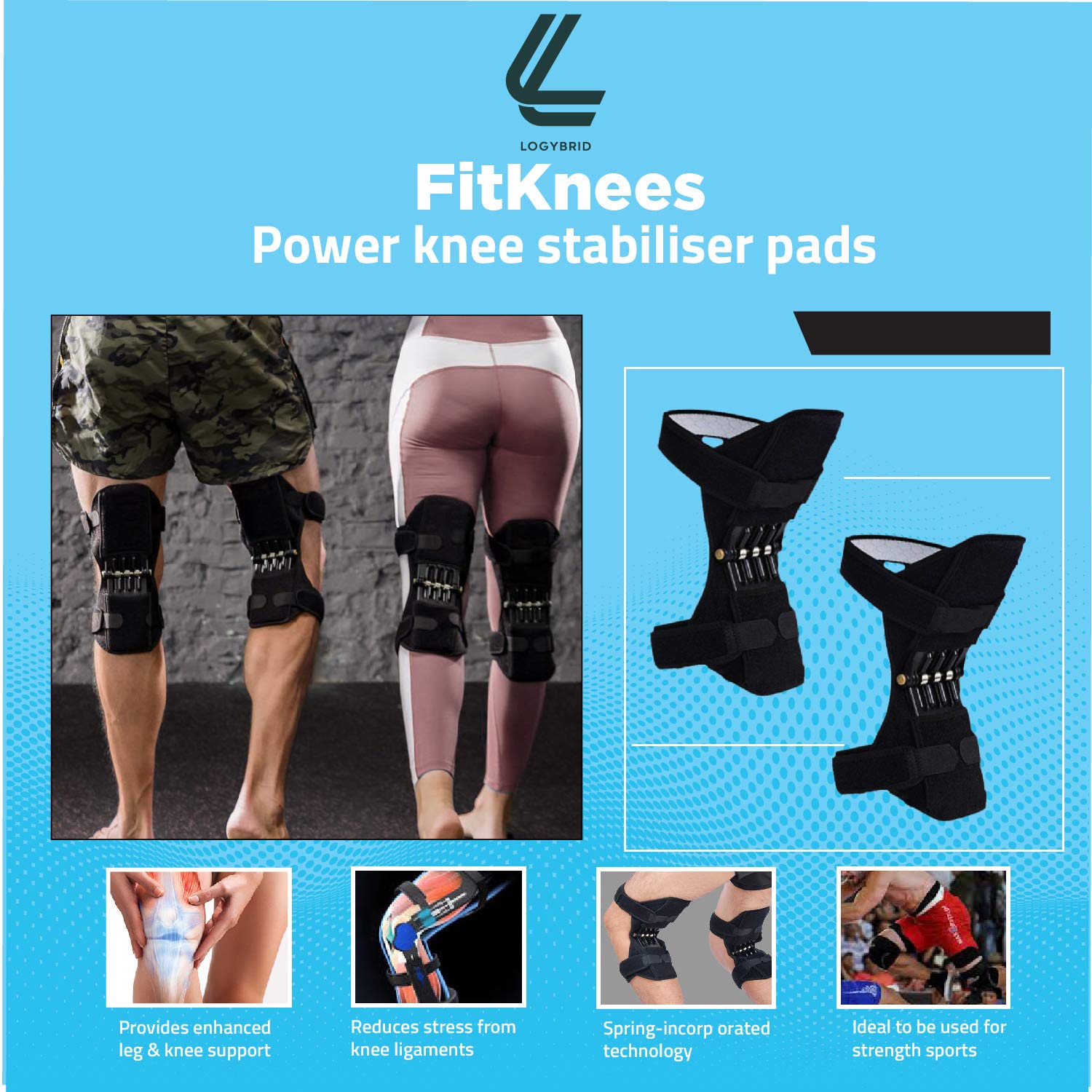 Logybrid Power Knee Stabilizer Pads Pair, 1 Pair Premium Powerknee Brace Joint Support with 4 Powerful Springs, Protective Booster Gear for Men/Women Preventing Excessive Knee Flexion