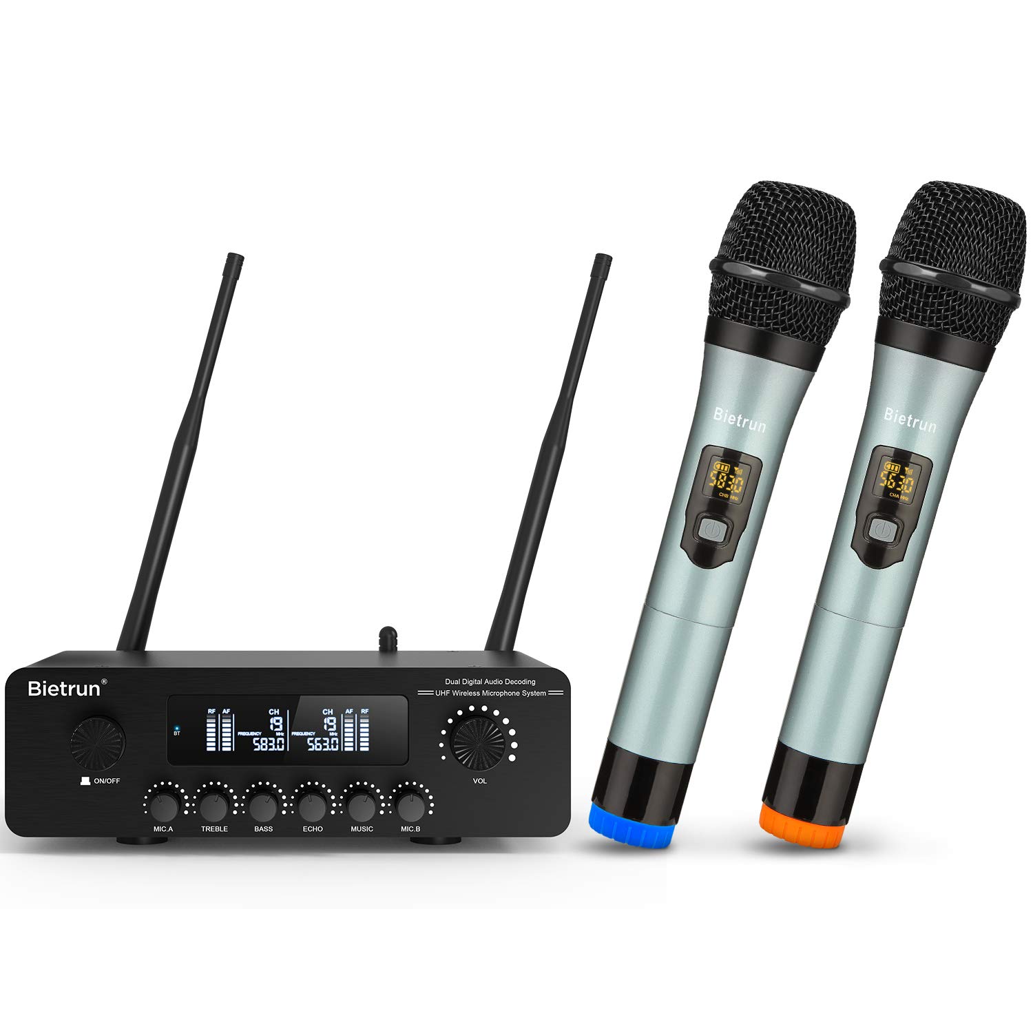 Wireless Microphone with Bluetooth＆Echo/Treble/Bass, 165 ft Range, Bietrun UHF Dual Handheld Cordless Dynamic Mic System for PA System/AMP/Home TV Karaoke/Bluetooth Speaker/(1/4''＆1/8‘’AUX Interface)