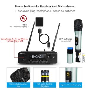 Wireless Microphone with Bluetooth＆Echo/Treble/Bass, 165 ft Range, Bietrun UHF Dual Handheld Cordless Dynamic Mic System for PA System/AMP/Home TV Karaoke/Bluetooth Speaker/(1/4''＆1/8‘’AUX Interface)