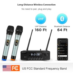 Wireless Microphone with Bluetooth＆Echo/Treble/Bass, 165 ft Range, Bietrun UHF Dual Handheld Cordless Dynamic Mic System for PA System/AMP/Home TV Karaoke/Bluetooth Speaker/(1/4''＆1/8‘’AUX Interface)